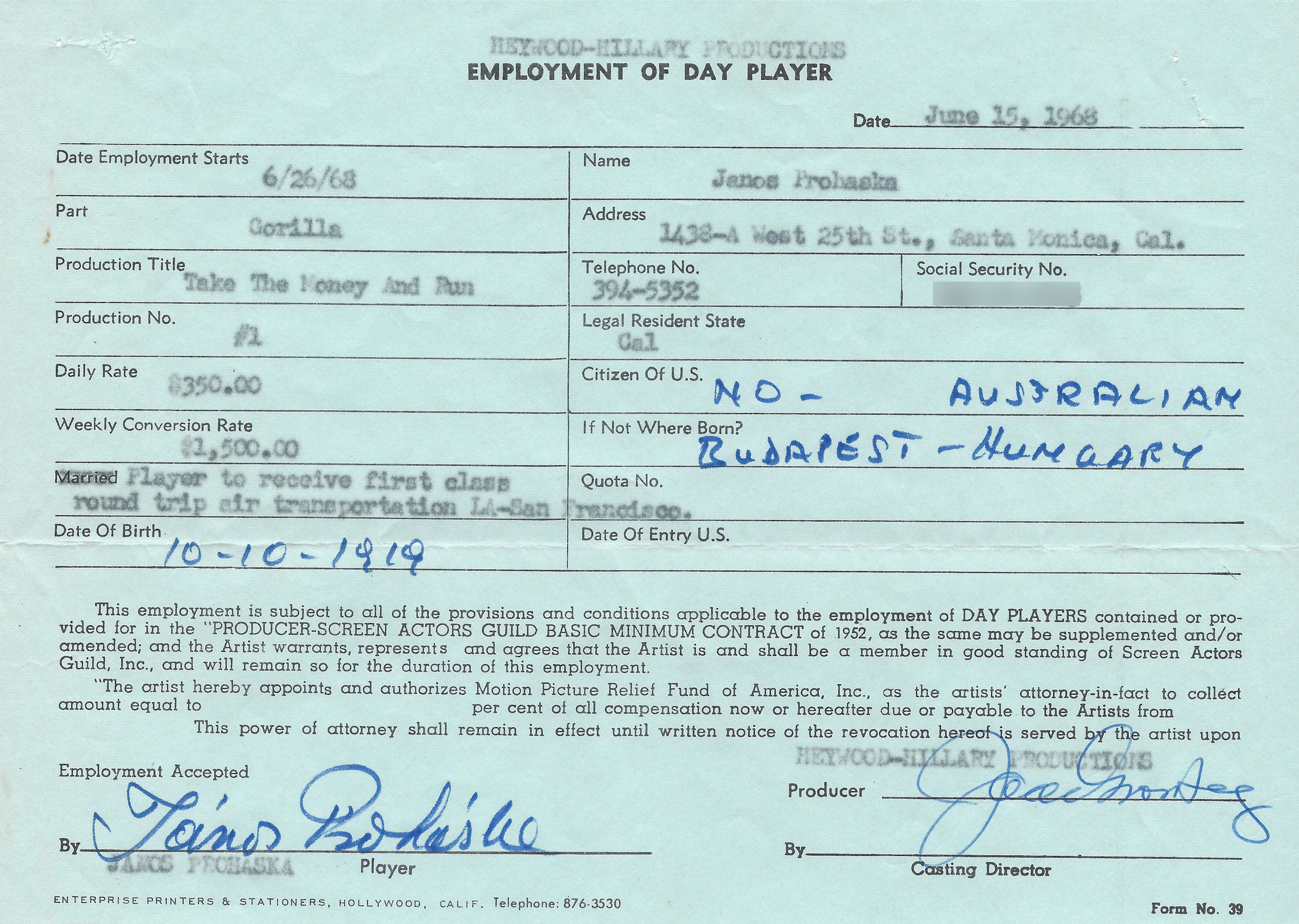 Janos Prohaska chased Woody Allen in Take the Money and Run ...